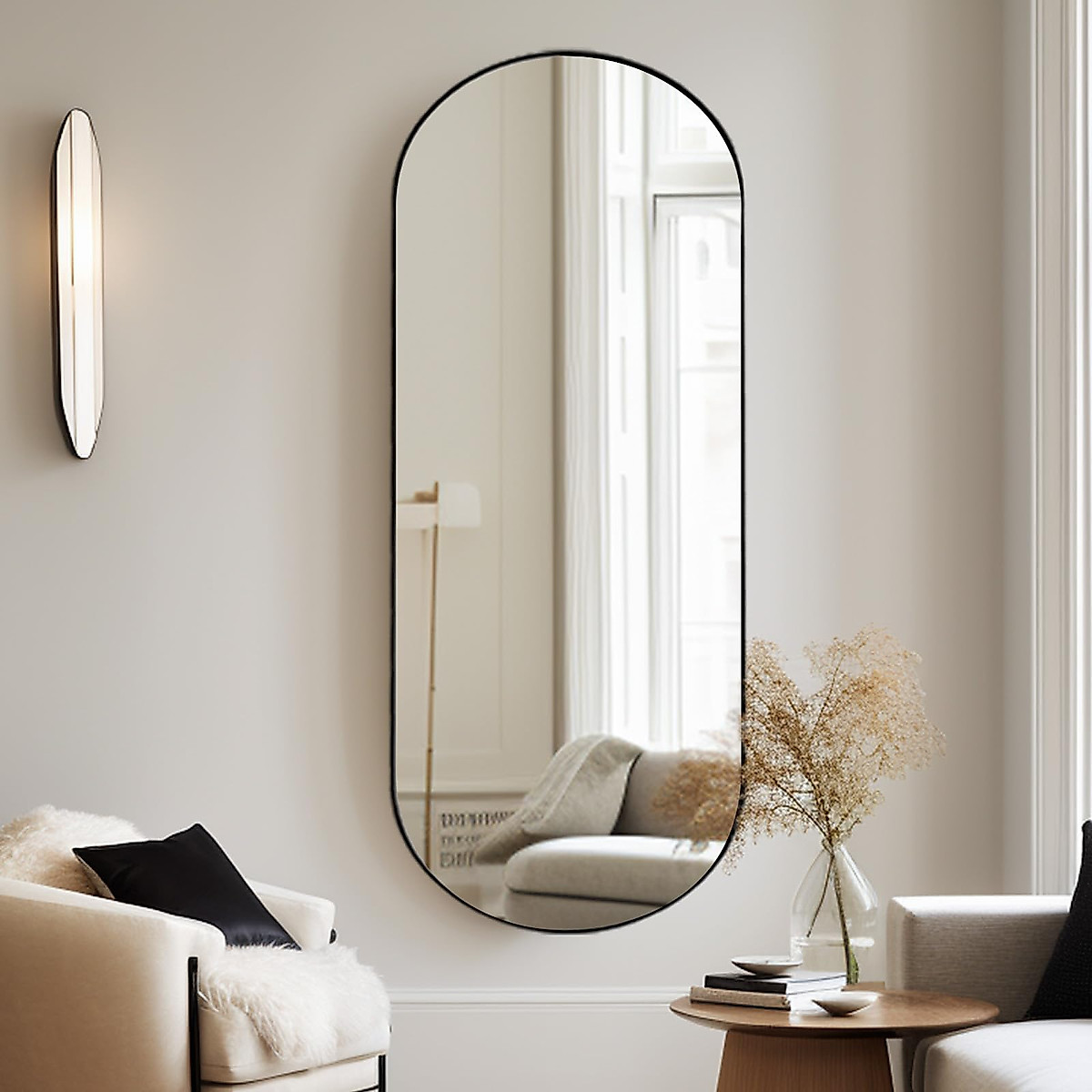 ZHUNFA 65"x 22" Oval Full Length Wall Mirror, Arched Top, Black