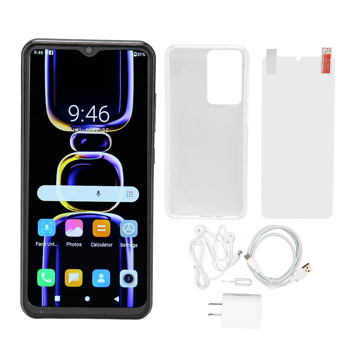 ANGGREK K60 Phone 6.53 Inch 6GB RAM 128GB ROM Face ID FHD Processor Octa Core Smart Phone for Android12 100‑240V Black (US Plug)