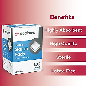 Dealmed Sterile Gauze Pads – 100 Count, 2’’ x 2’’ Disposable and Individually Wrapped Gauze Pads, Wound Care Product for First Aid Kit and Medical Facilities