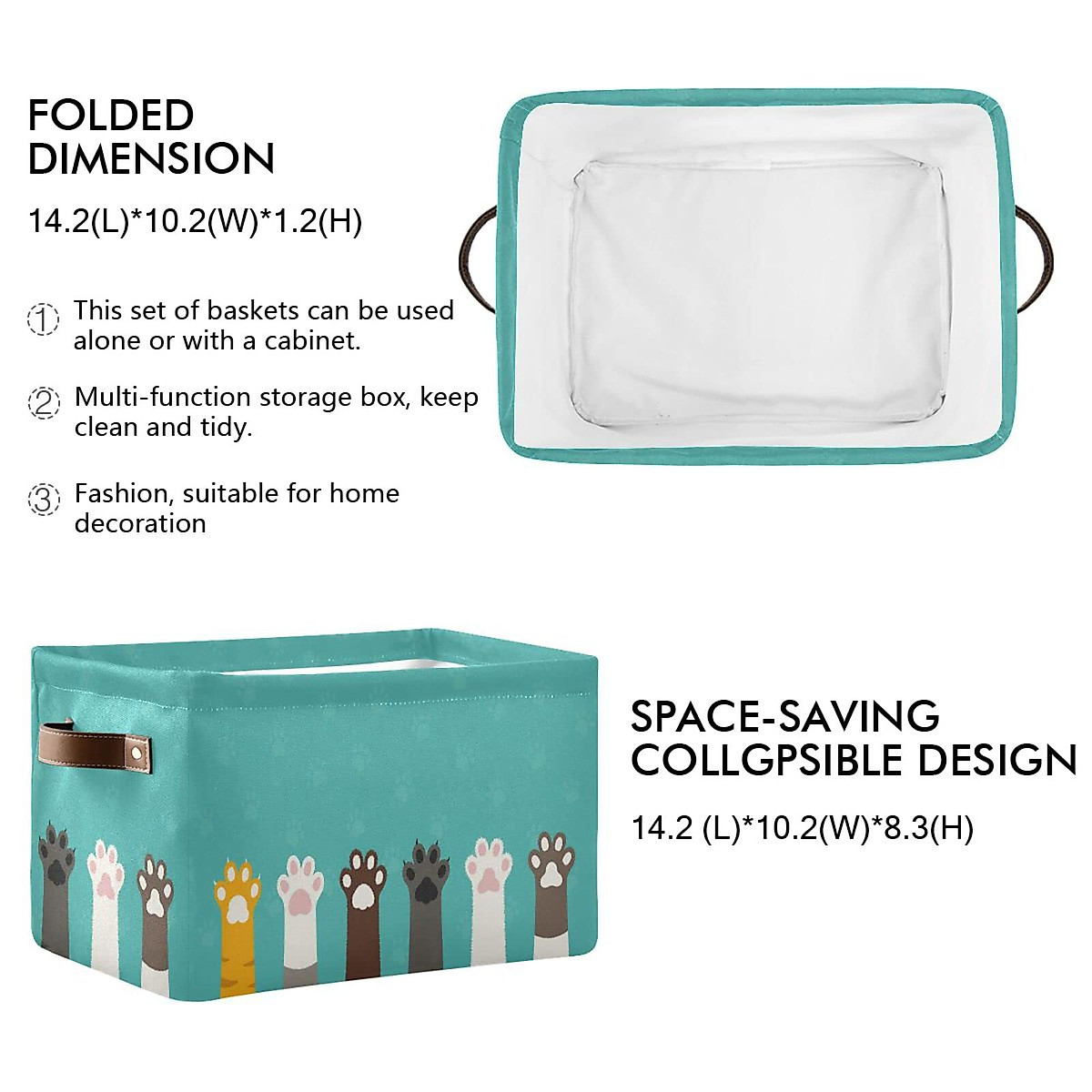 Kigai Foldable Rectangular Storage Baskets - Fabric Shelves Storage Bins with Leather Handles for Organizing Closet Clothes, Toys, Towels, Bedroom, Bathroom, Nursery, Office (Cute Cat Paws,2 PCS)