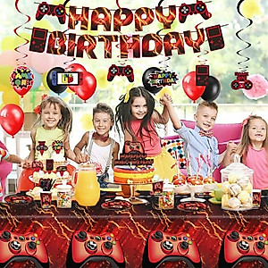 Red Video Game Party Supplies - 212Pcs Gamer Gaming Party Decoration For Boys Birthday Party - Table Cover, Plates, Cups, Napkins, Utensils, Hanging Swirls, Birthday Banner, Cupcake, Topper Cake Topper & Balloons Serves 16 Guests