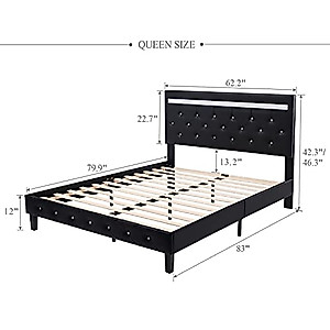 Benevika Queen Size Bed Frame with LED Light Leather Platform Bed Frame with Adjustable Upholstered Headboard, Over 60000 Colors, APP Control LED Lights, No Box Spring Needed, Black