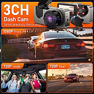 3 Channel Dash Cam Front and Rear Inside, 64GB Free SD Card, 1080P Dash Camera for Car with 4 IR Lamps, Three Way Car Cam Night Vision, 2.5 Inch LCD, Parking Monitor, G-Sensor, USB C, Loop Record