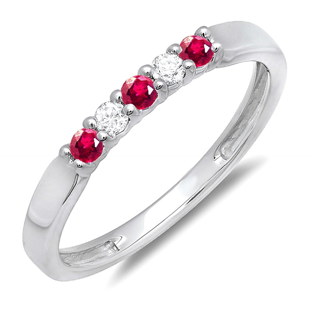 Dazzlingrock Collection 14K Round Ruby And White Diamond 5 Stone Ladies Anniversary Wedding Band Ring, White Gold, Size 7