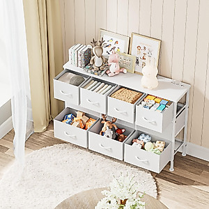 YaFiti Dresser TV Stand with Power Outlet, 43" Long Dresser for Bedroom with 10 Fabric Drawers, Chest of Drawers for Living Room, Hallway (White)