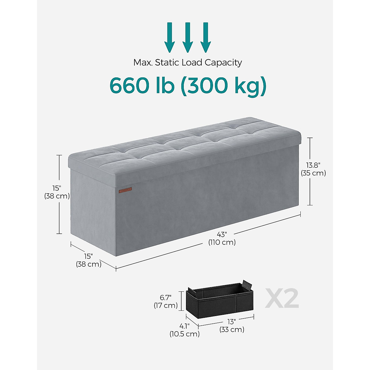 SONGMICS Storage Ottoman Bench, Foldable Ottoman Foot Rest, 15 x 43 x 15 Inches, End of Bed Bench, Storage Chest, Load up to 660 lb, for Living Room, Bedroom, Entryway, Dove Gray ULSF277G02