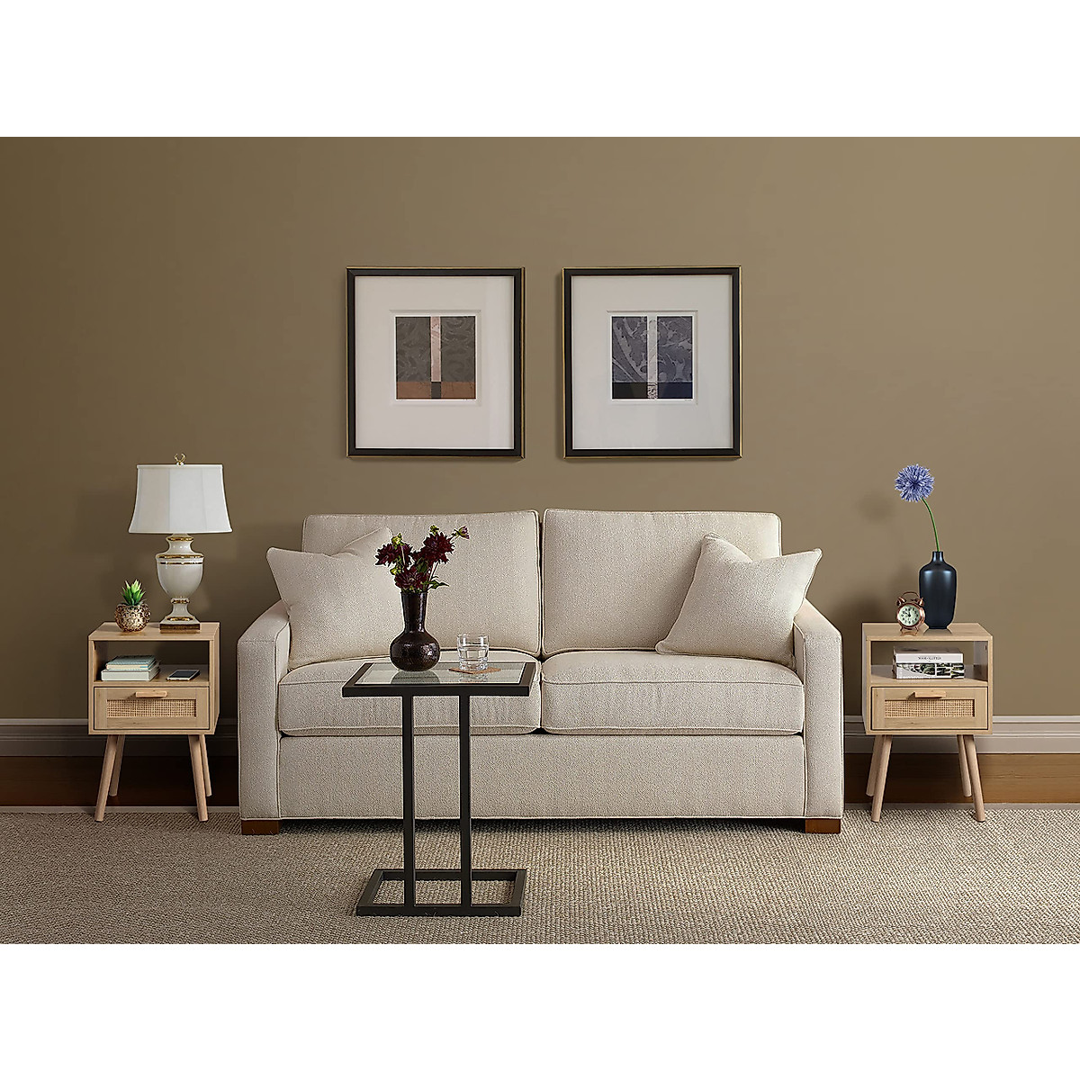 Finnhomy Nightstands Set of 2, End Table, Nightstand, Side Table with Hand Made Rattan Decorated Drawers, Wood Accent Table with Storage for Bedroom, Natural