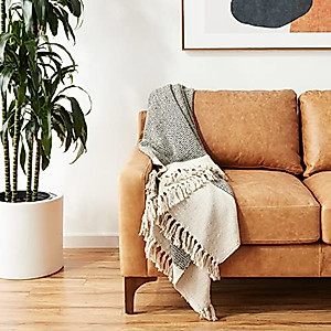 Bloomingville A14208833 Grey & Cream Cotton Knit Throw with Fringe