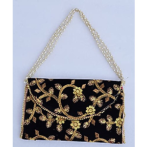 Truesellershop Indian Women's Stylish Zari Velvet Clutch Golden Embroidery Tote Bag Wrist Bag Purse Pearl Handle Evening Clutch Wedding Purse for Girls (Black)