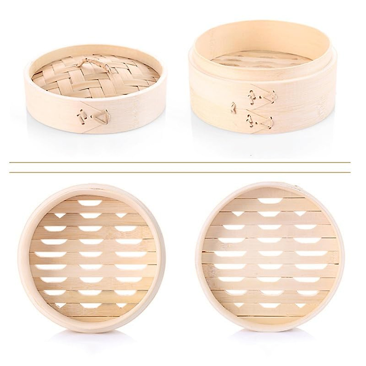 Florauspicious Bamboo Steamer Handmade Basket, Traditional 2-Tier Design - for Dumplings, Rice, Dim Sum, Vegetables, Fish and Meat - Incl. 2 Cotton Cloths (6-Inch)