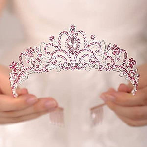 JWICOS Pink Crystal Tiara and Crown for Women and Girls Rhinestone Princess Crown with Comb for Birthday Pageant Prom Bridal Wedding Prom Birthday Tiara Accessories (Pink Rhinestone)