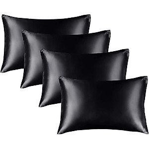 BEDELITE Satin Pillowcase for Hair and Skin, Super Soft Similar to Silk Pillow Cases 4 Pack with Envelope Closure, Cooling Pillowcases for Women Men (20"x26" Standard Size, Black)