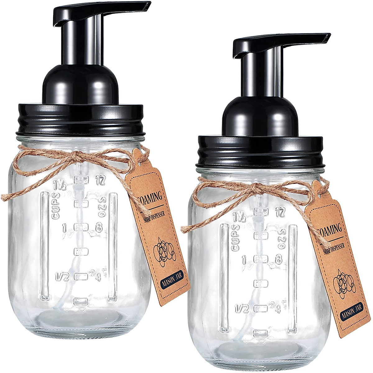 SheeChung Mason Jar Foaming Soap Dispenser - Rustproof Stainless Steel Lid&Foaming Soap Pump,Best Hand Foam Soap Dispenser Glass for Bathroom Vanities or Kitchen Sink,Countertops - Black (2 pk)