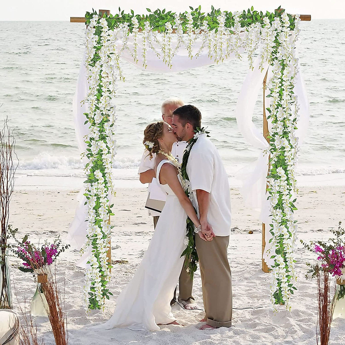 U'Artlines 12 Pack(Total 43.2 Feet) Artificial Fake Wisteria Vine Rattan Hanging Garland Silk Flowers String Home Party Wedding Decor (12, White)