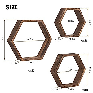 NORCEESAN Hexagon Floating Shelves Set of 6 Honeycomb Shelves for Wall Wood Farmhouse Storage Home Decor Shelf Wall Mounted Wooden Hexagonal Shelves for Bedroom Living Room Nursery, Rustic Brown
