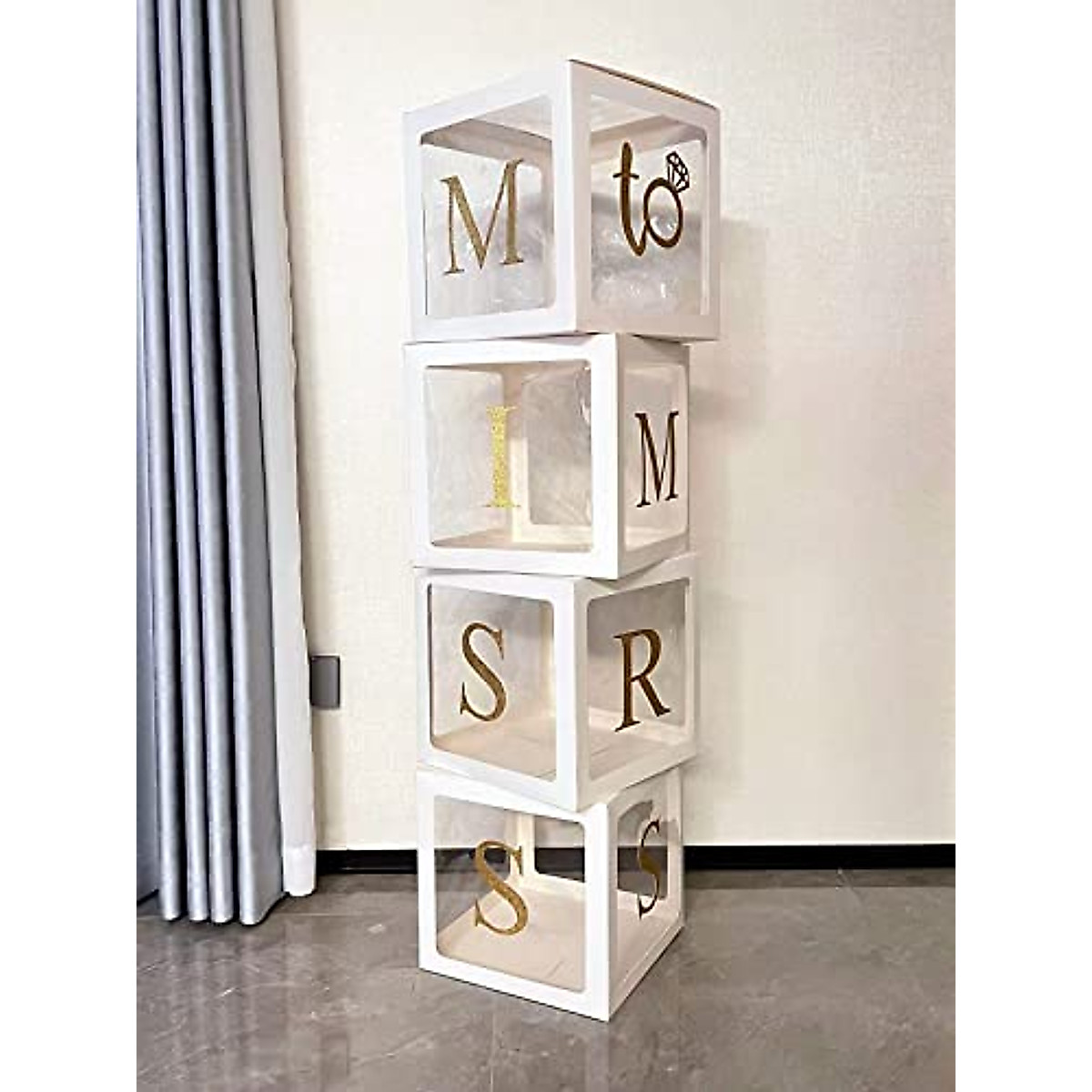 Fonder Mols 4PCS White Transparent Balloon Boxes with Gold Glittered MISS TO MRS Letters for Wedding Party Bridal Shower Engagement Decorations (No Balloons)