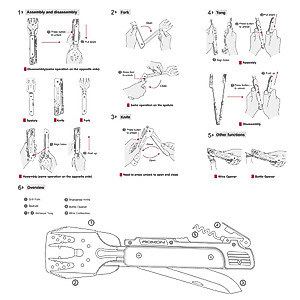 ROXON S601 14" 6 in 1 MBT3 Folding Grill Utensils Set Fork Spatula Grilling Knife Tongs Opener for Backyard Barbecue and Camping