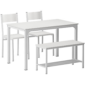 SogesHome 43.3'' Kitchen Dining Table Set for 4, 4 Piece Kitchen Table Bench Chairs Setfor 4, Space-Saving Table Set for Restaurant, Coffee Shop,White