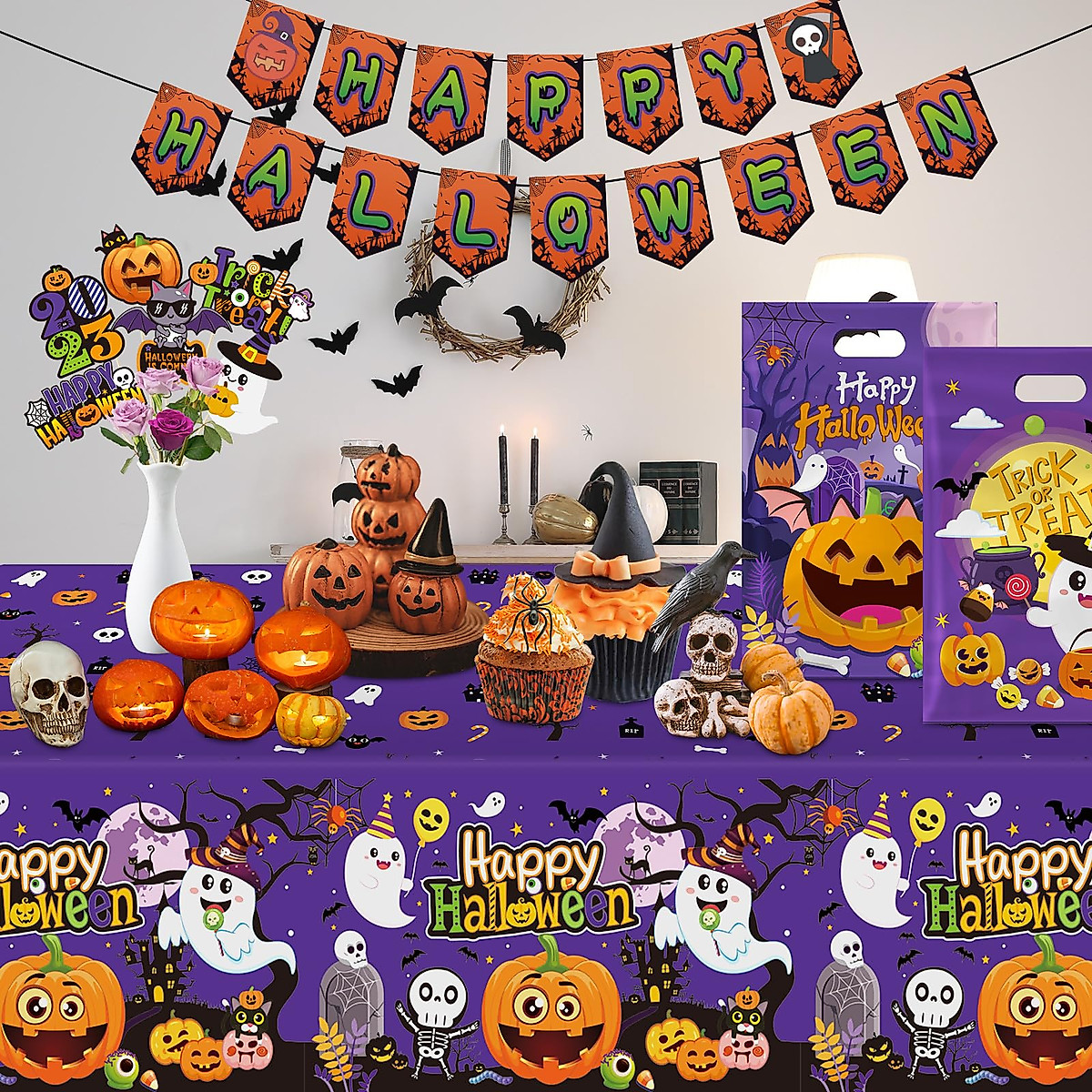 3 Pcs Happy Halloween Tablecloth - Halloween Cute Pumpkin Ghost Plastic Table Cloth Disposable Rectangular Purple Table Covers for Halloween Table Decorations Party Supplies Decor, 108 x 54 Inch