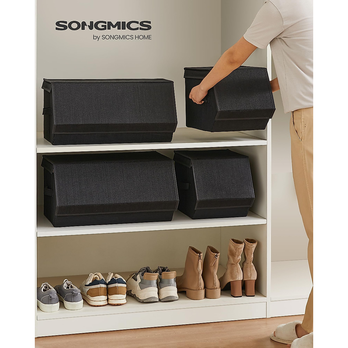 SONGMICS Set of 4 Stackable Storage Bins with Magnetic Closures, Fabric Storage Boxes with Lids, Storage Containers in Wardrobe Closet, Clothes Organizers, Classic Black URLB022B01