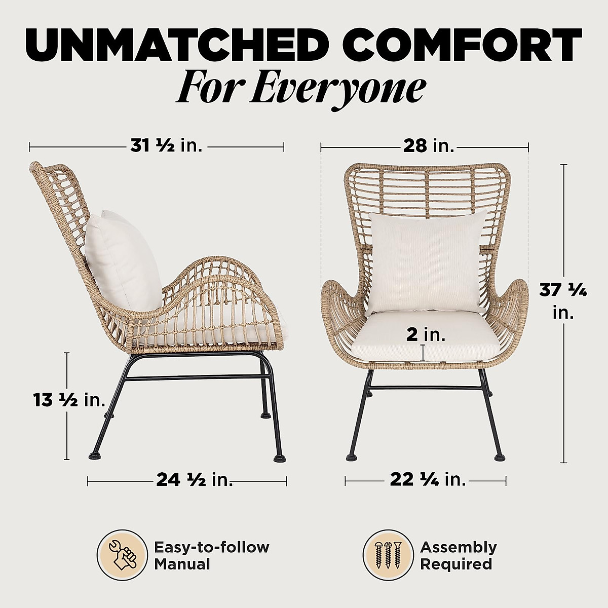 IDZO Patio Wicker Set of 2 Outdoor Dining Chairs, 500lbs, Beige