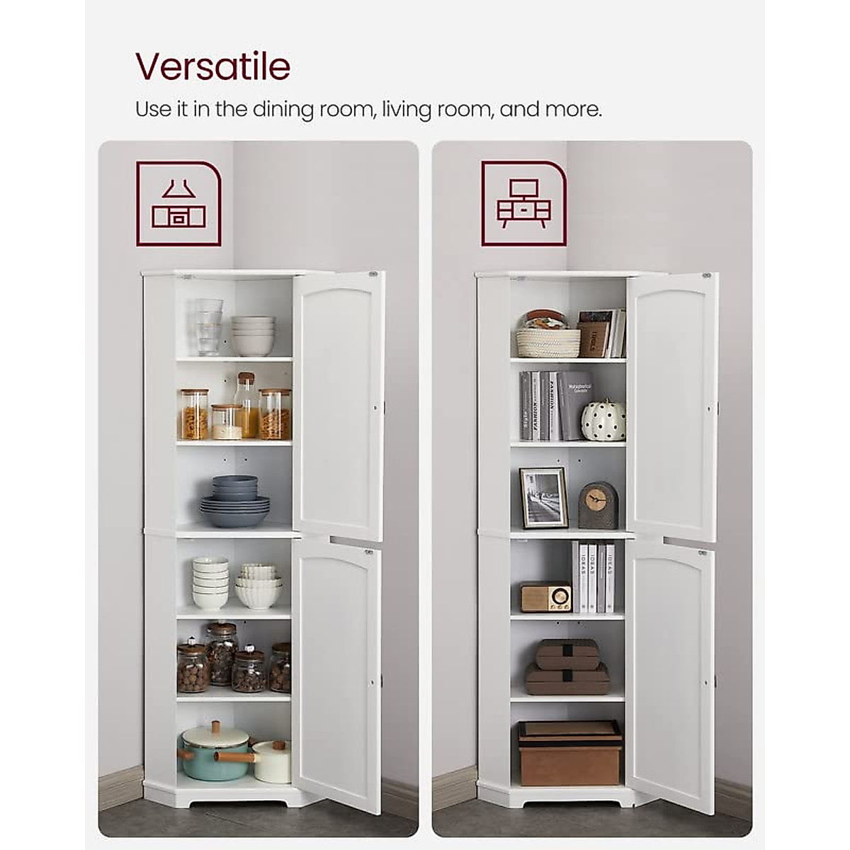 VASAGLE Tall Corner Cabinet, Bathroom Storage Cabinet with 2 Doors and 4 Adjustable Shelves, for Bathroom, Kitchen, Living Room, Modern Farmhouse Design, White UBBC541P31