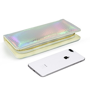 YAIRYANGTZE Holographic Wallet Clutch - Iridescent Purse Long Wallet with Zipper for Women (Silver)