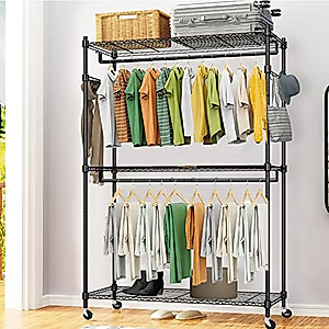 Himimi Heavy Duty Rolling Garment Rack 3 Tier Wire Shelving Clothes Rack for Clothing,Storage with Double Rods,Lockable Wheels and Side Hooks,Freestanding Metal Wardrobe Storage Rack,Black