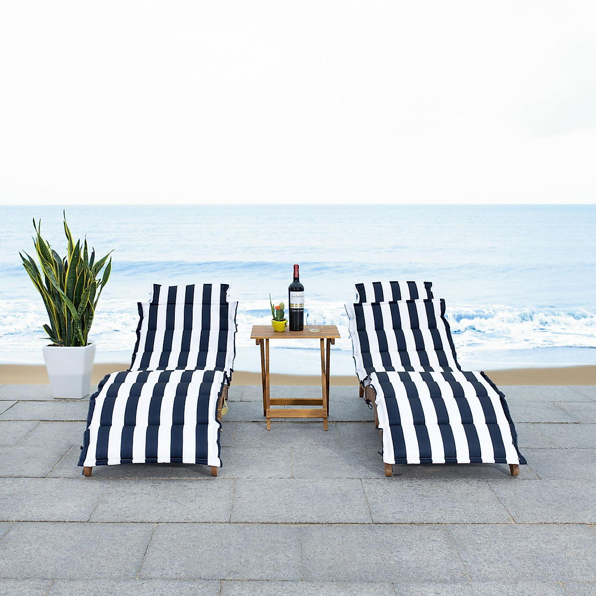 SAFAVIEH Outdoor Collection Pacifica Natural Brown Solid Wood/Navy & White Stripe Cushion 3-Piece Chaise Lounge Set with Table (PAT7020F)