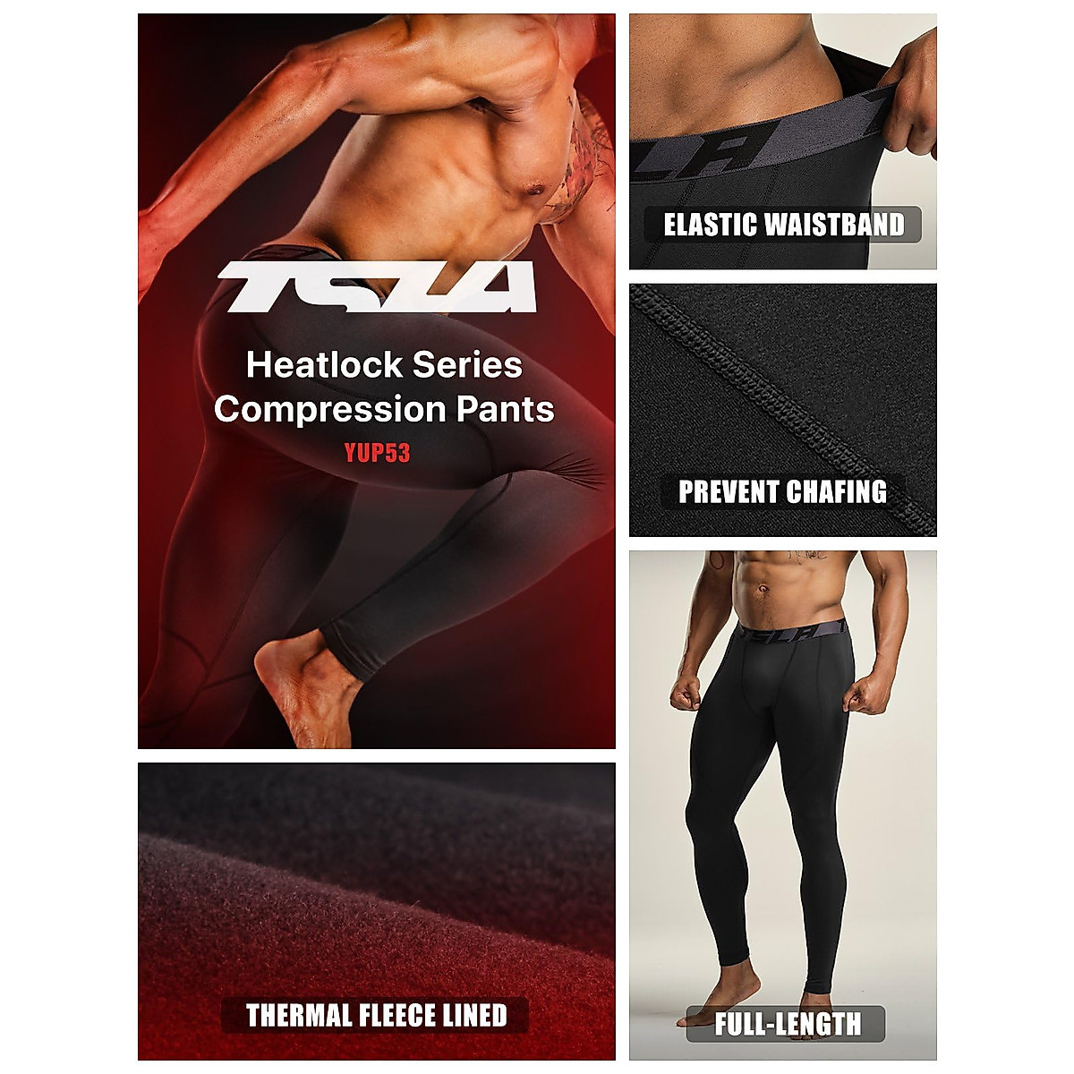 TSLA Men's Thermal Compression Pants, Athletic Sports Leggings & Running Tights, Wintergear Base Layer Bottoms, Heatlock Jet Black, Large