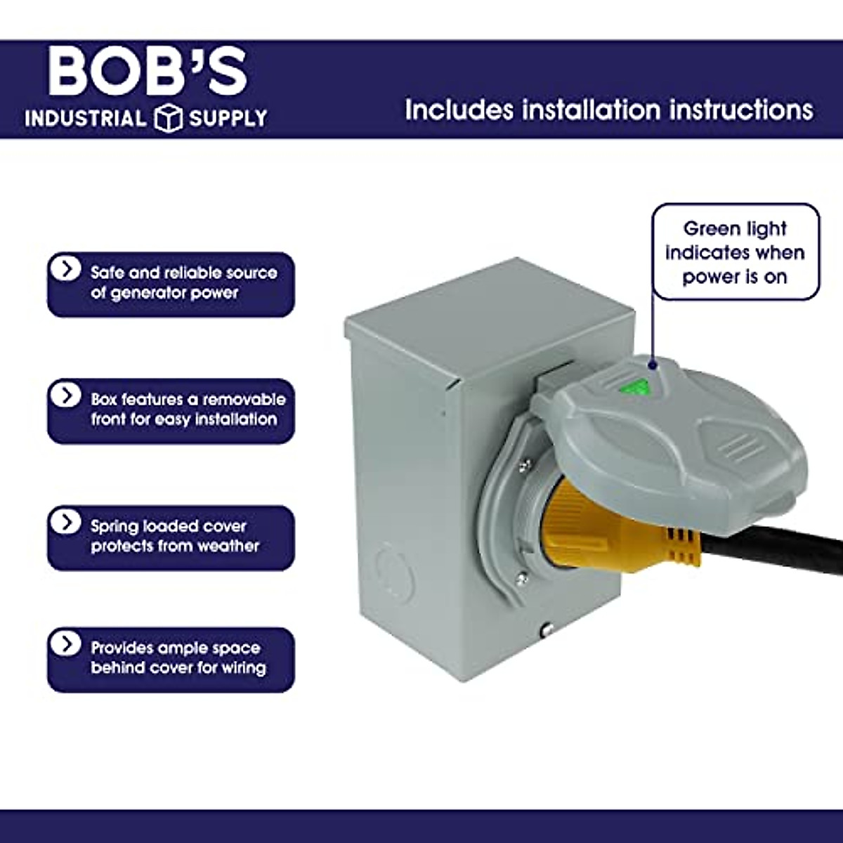 BISupply Generator Inlet Box 30 Amp - 4 Prong Power Inlet Box,  L14-30P 125V/250V Connection Box with Light Indicator