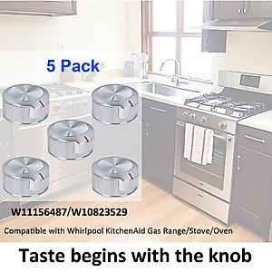 Upgrade W10823529 W11156487 Gas Stove Knobs Replacements, Compatible with White Whirlpool KitchenAid Gas Stove Range Oven Knobs,Replacement Part for AP6285576 (5 Pack)