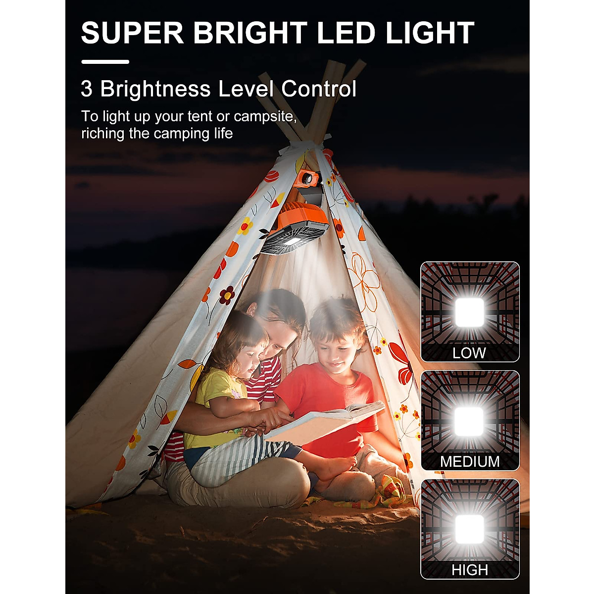 Camping Fan for Tent, 15000mAh Rechargeable Battery Operated Fan, Portable Tent Fan for Camping with Light, Hook, Timer, 270° Rotation, Outdoor USB Fan for Picnic BBQ Fishing Travel Hurricane Jobsite