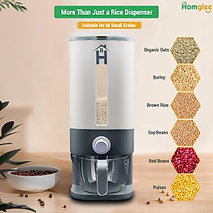 Homglee Rice Dispenser 25 Lbs – Moisture Proof Rice Container with Measuring Cup for Kitchen Pantry – Ideal Rice Storage Container with Lids & Built-in Box for Grains Cereals Soybean Corn – Grey