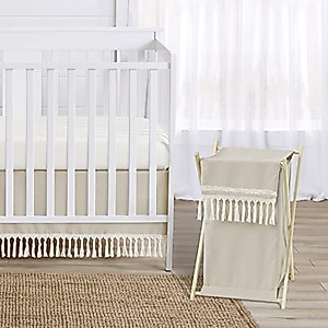 Sweet Jojo Designs Boho Bohemian Baby Kid Clothes Laundry Hamper - Solid Taupe Beige Ivory Cream Off White Linen Farmhouse Shabby Chic Designer Modern Minimalist Tassel Macrame Cotton Neutral Unisex