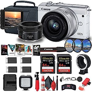 Canon EOS M200 Mirrorless Digital Camera with 15-45mm Lens (White) (3700C009) + 4K Monitor + 2 x 64GB Card + Case + Filter Kit + Corel Photo Software + 3 x LPE12 Battery + More (Renewed)
