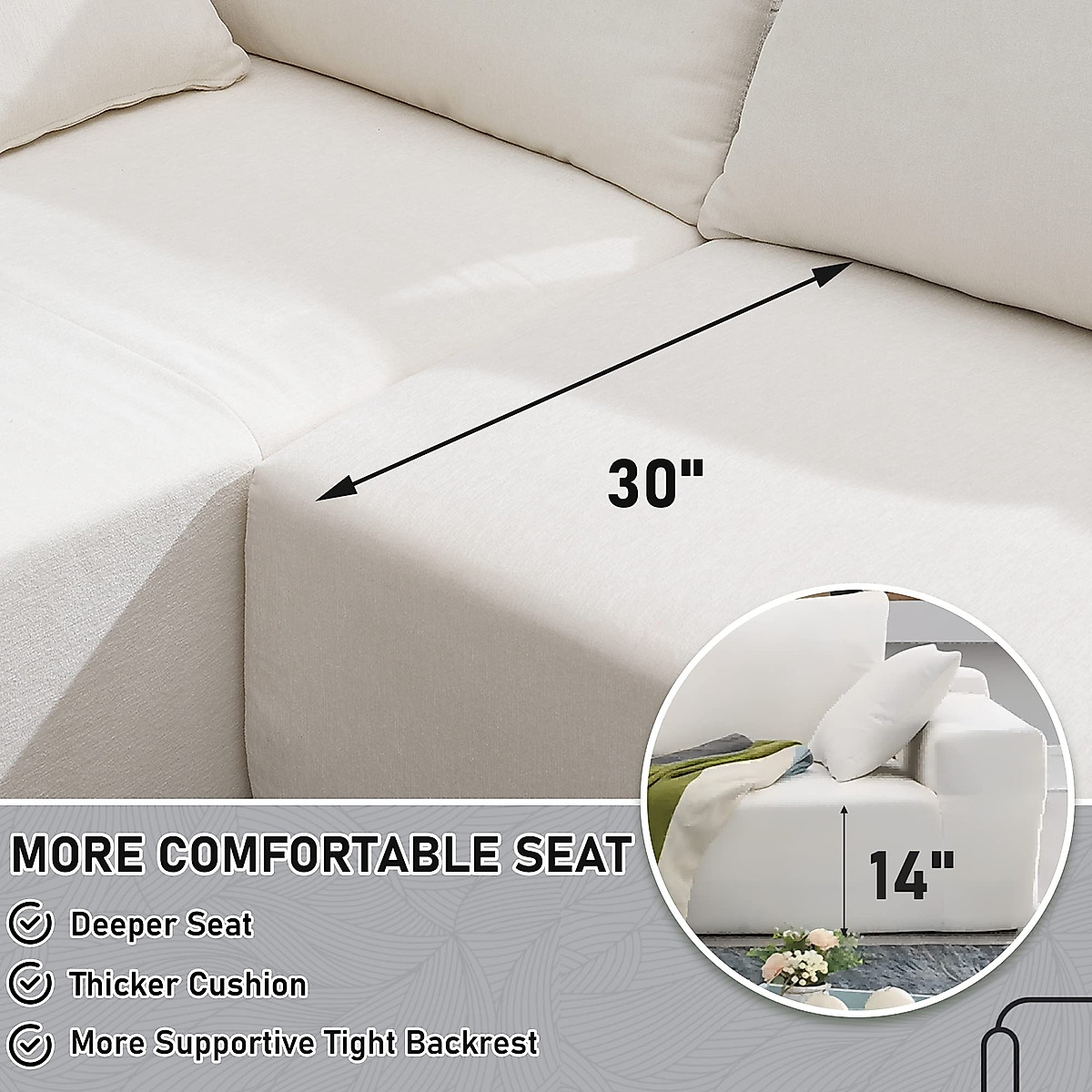 Yoglad L Shaped Sectional Sofa Set, 4-Seat Upholstered Couch,Free Combination Sofa, for Living Room,Bedroom,Office,Apartment (109IN,White Chenille)