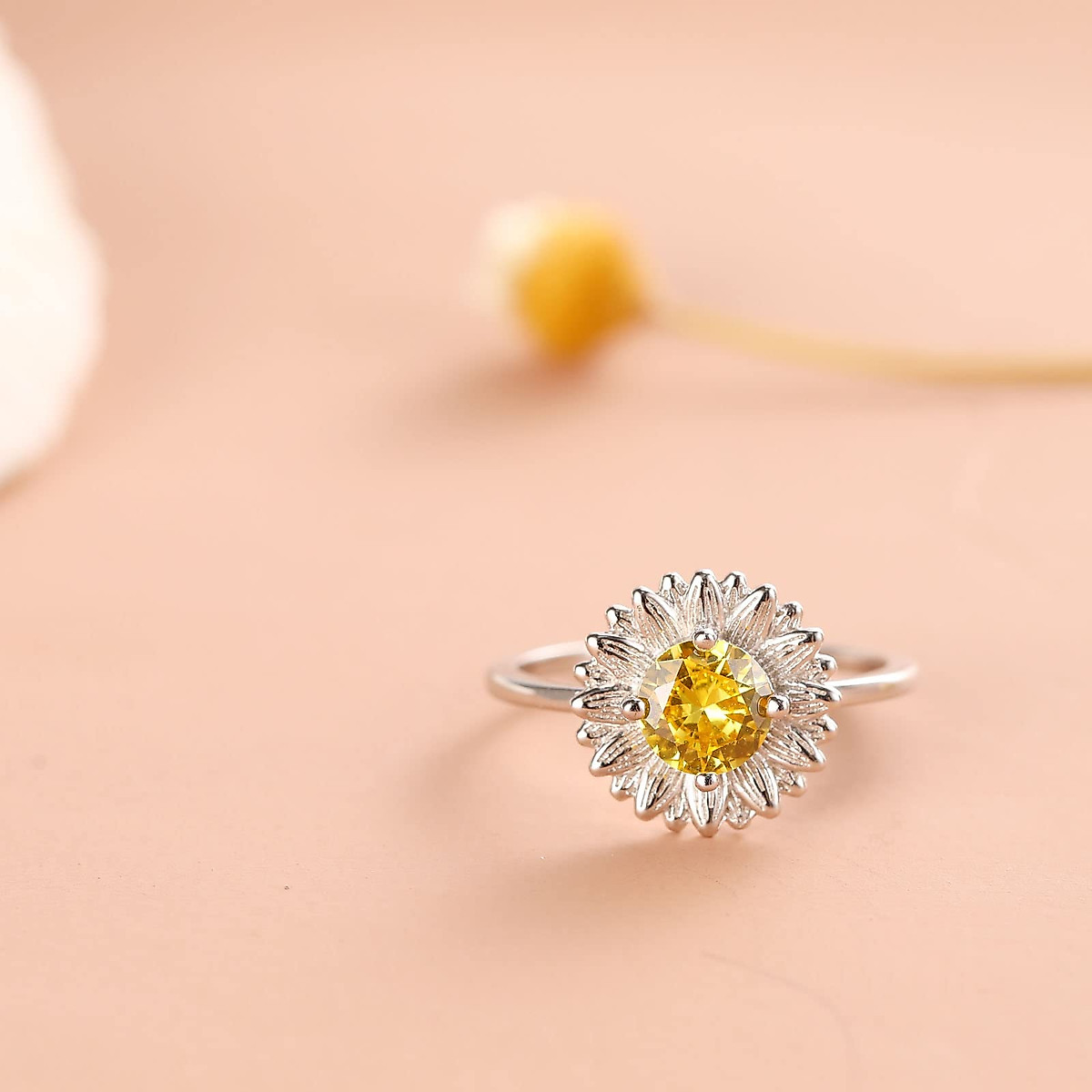 Cezentiy Sunflowers Ring 925 Sterling Silver Jewelry Daisy Ring Zirconia Stacking Ring for Women Girls Gift Size 6 to 9 (white golden, 7)