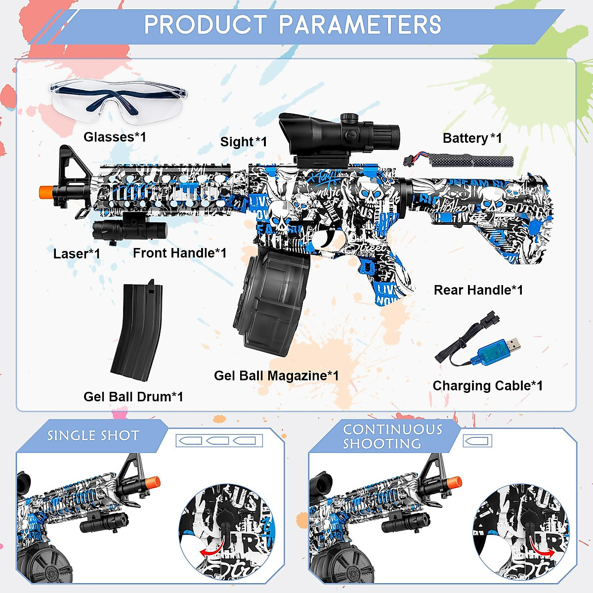Electric Gel Ball Blaster Gun with Drum and Scope,Manual & Automatic Dual Mode, 40000 Water Beads, for Outdoor Activities - Shooting Team Game, Ages 12+ , Blue Devil