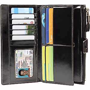 Itslife Womens Wallet RFID Blocking Large Capacity Luxury Wax Genuine Leather Wallets Clutch Wallet Ladies Card holder, Black