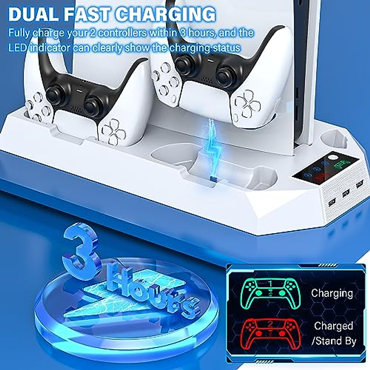 DBEPANK Stand and Cooling Station with Dual Controller Charging Station for PS5 Vertical Stand with Headset Holder for PS5 Accessories for Playstation 5 Console Cooling Fan Stand White