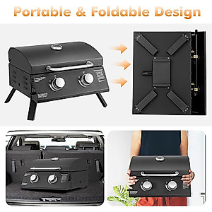 Grill Portable Gas Grill, 20,000 BTU Two Burner Tabletop Barbecue Grill w/Built-in Thermometer, Grease Tray, Waterproof Top Lid, Folding Legs, Compact Propane Grill for Backyard, Camping, Picnic