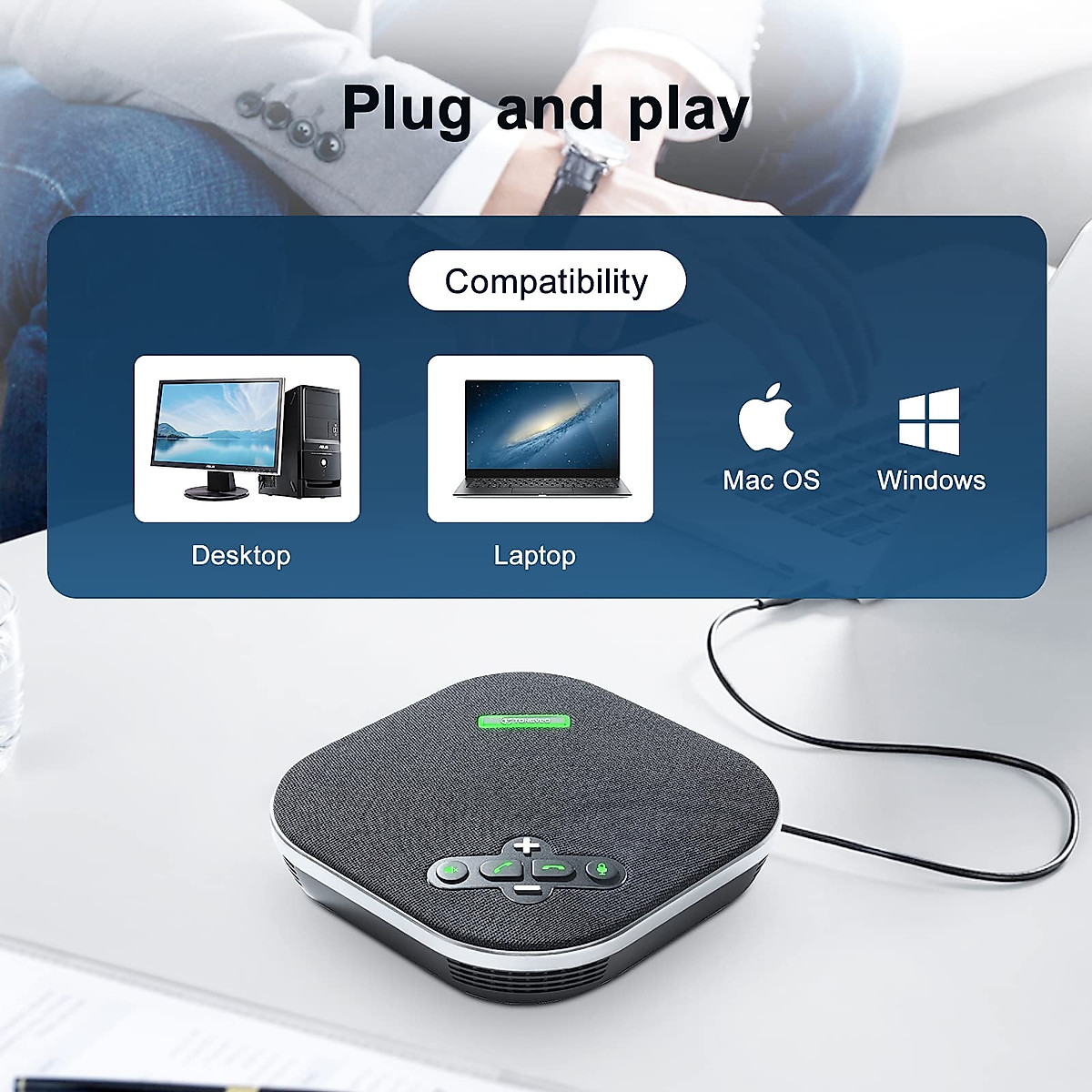 TONGVEO USB Speakerphone Microphone Conference Speaker,Daisy Chain Computer Speaker with Microphone 360º Voice Pickup Built-in 4 AI Noise Cancellation Mics for 12 Attendees Conference Call Speaker