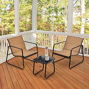 Tangkula 3 Pieces Patio Conversation Set, Outdoor Metal Chair & Table Set, Breathable Fabric & Tempered Glass Tabletop, Metal Frame Furniture Set for Backyard, Poolside