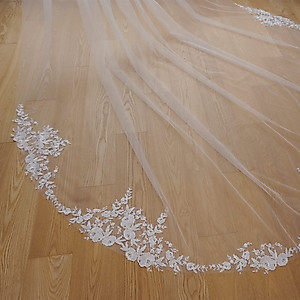Vintage Floral Wedding Veil, One Layer Cathedral Bridal Veil, Lace Appliqued Soft Tulle Long Veil, Dramatic Bridal Accessory (118inches, Offwhite)