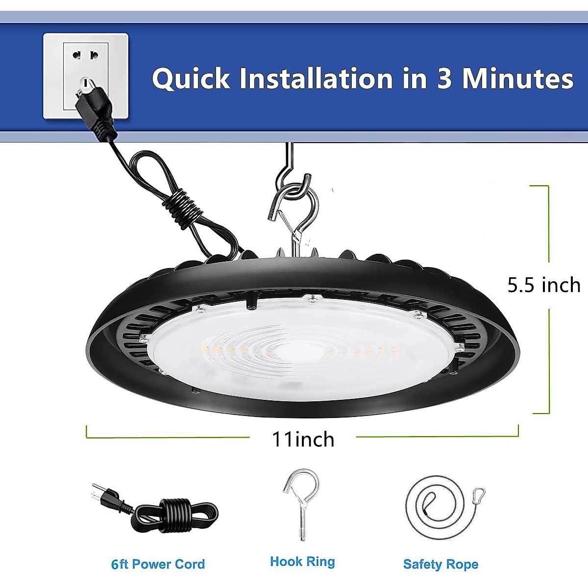 2 Pack LED High Bay Light with US Plug 6FT Cable, 120V 150W 19500LM 5000K Daylight, 600W-800W HID/HPS Equivalent, UL IP65 Commercial Warehouse Lighting for Workshop,Garage, Gym,Factory, Non-Dim