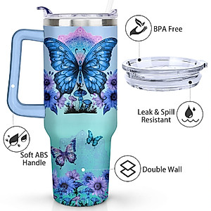 wxmbdzq 40 oz Butterfly Tumbler with Handle and Straw Lid,Leak Proof Travel Stainless Insulated Tumbler,Cup Holder Friendly,Perfect for Outdoor Travel Car and Sports