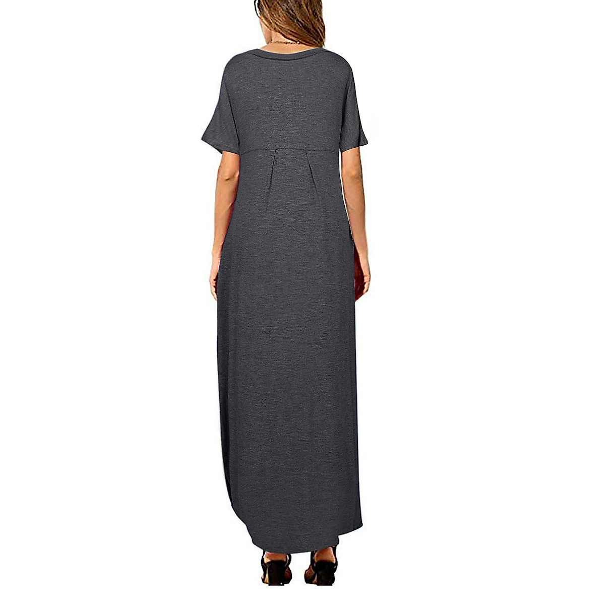 Arolina Women's Summer Maxi Dress Short Sleeve V Neck Casual Loose Long Beach Split Dresses with Pockets Dark Grey