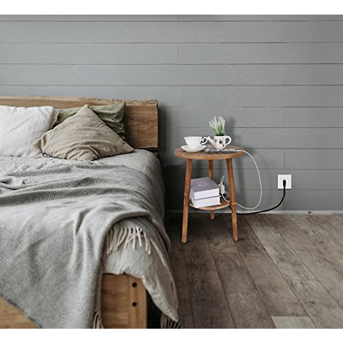 Round Side Table with Charging Station, Mid Century Modern Nightstand, End Table with USB Ports & Power Outlets, Farmhouse Bedside Table, Small Night Stand End Side Tables for Living Room Bedroom