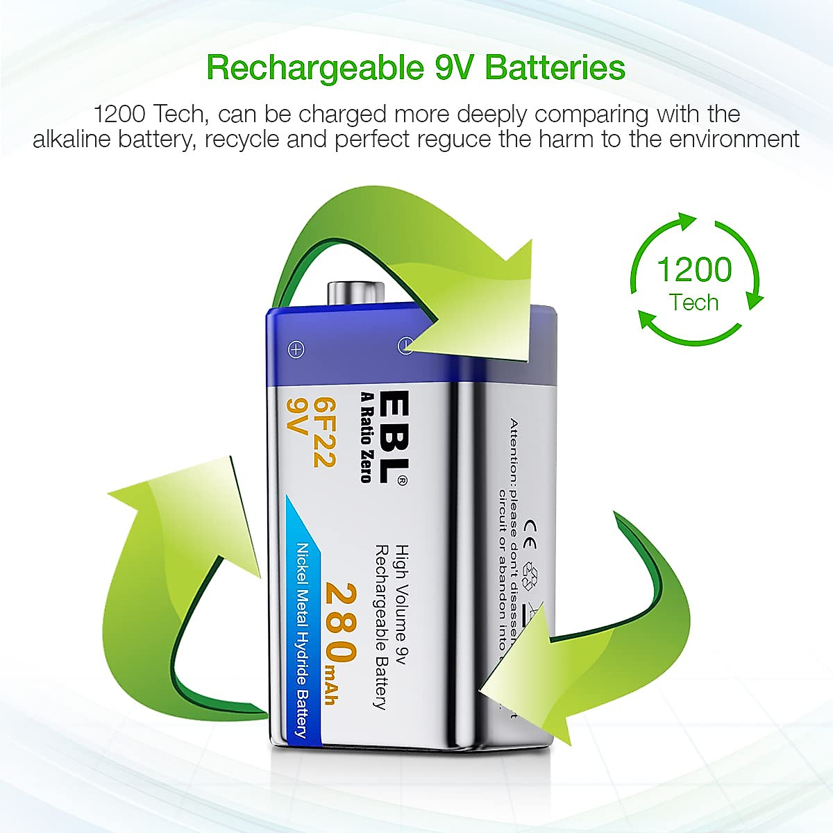 EBL 9V Rechargeable Batteries NiMH Everyday 280mAh 9V Battery for Smoke Alarm Detector, 4-Packs
